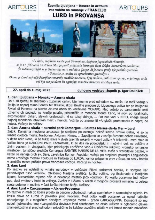 Župnijsko romanje v Lurd in Provanso 27.4. – 1.5.2023 – Župnija Koseze